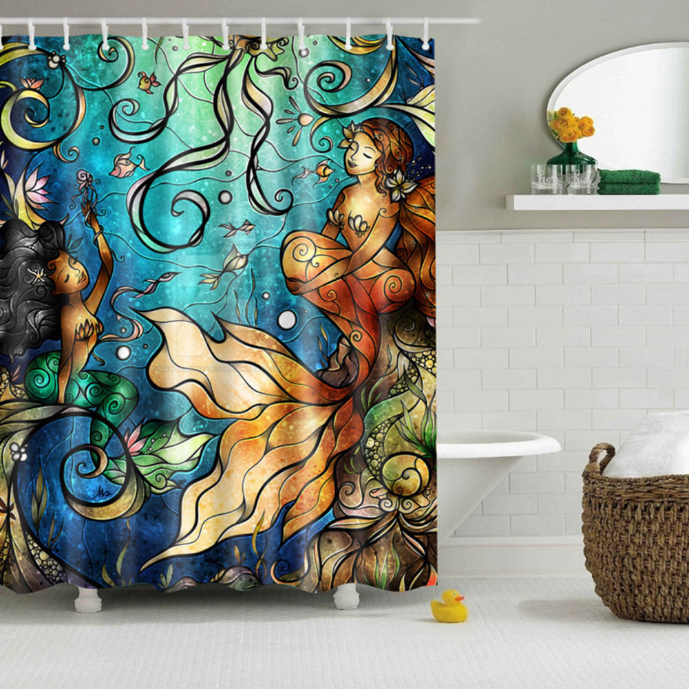 Mermaid Pattern Polyester Bathroom Shower Curtain Sheer Panel Decor