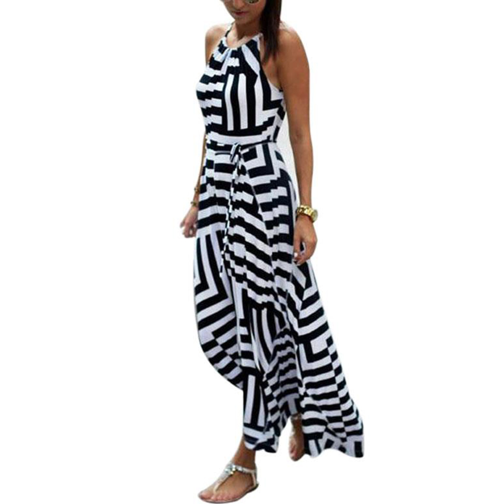 Women Sleeveless Beach Evening Party Long Maxi Fashion Striped Sundress